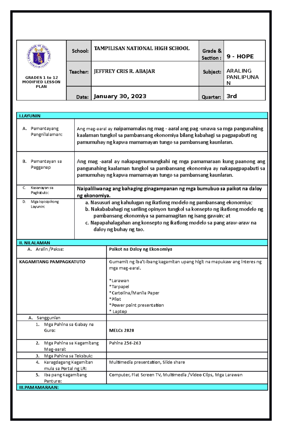 Teacher CRIS DLP 2(HOPE) - GRADES 1 to 12 MODIFIED LESSON PLAN School ...
