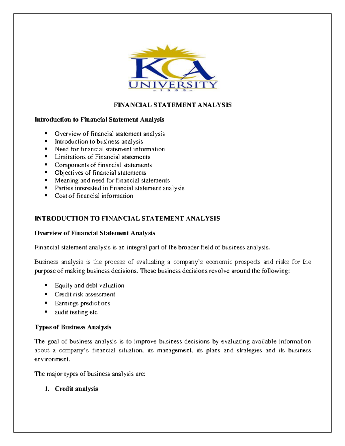 Introduction TO Analysis OF Financial Statments - FINANCIAL STATEMENT ANALYSIS Introduction to ...