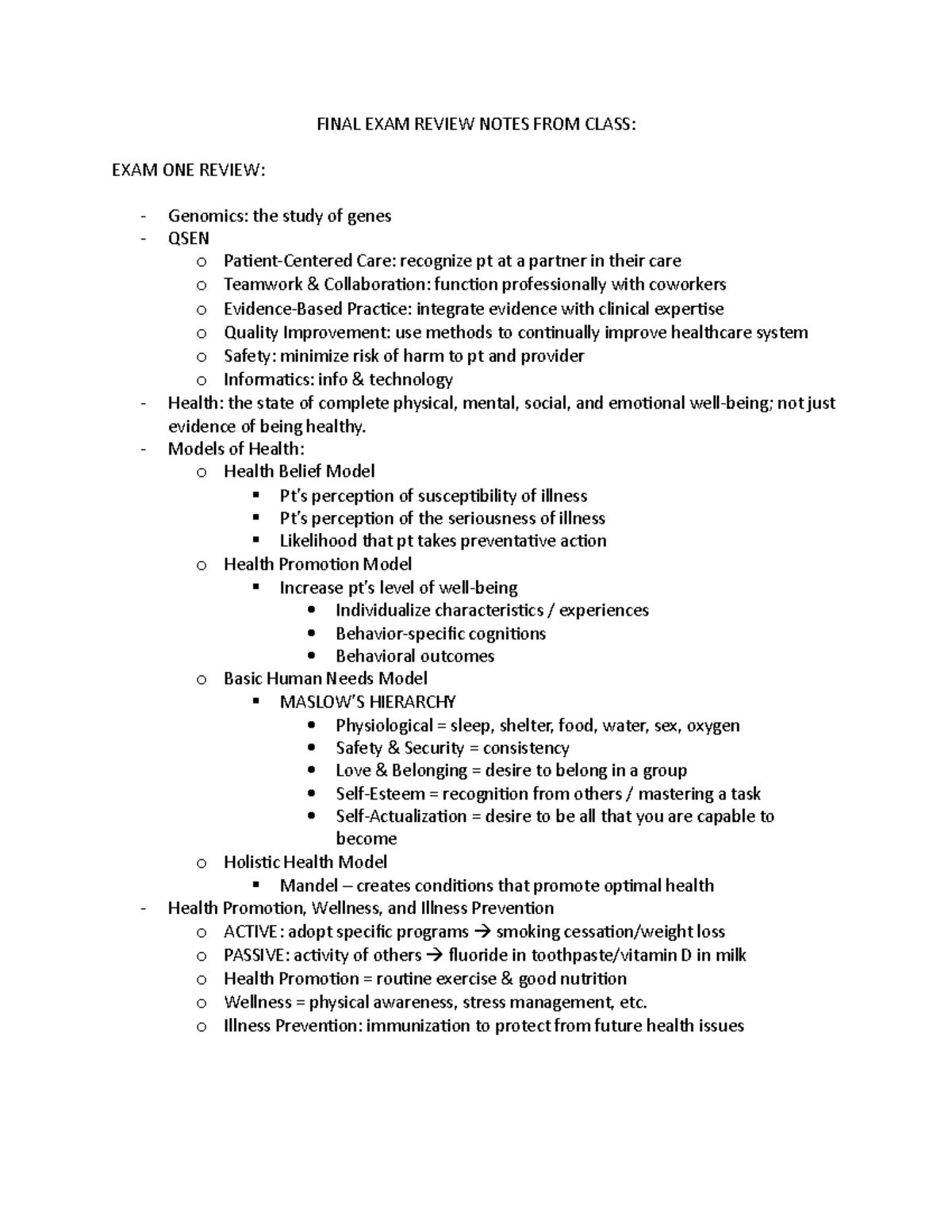 Final EXAM Study Guide - FINAL EXAM REVIEW NOTES FROM CLASS: EXAM ONE ...