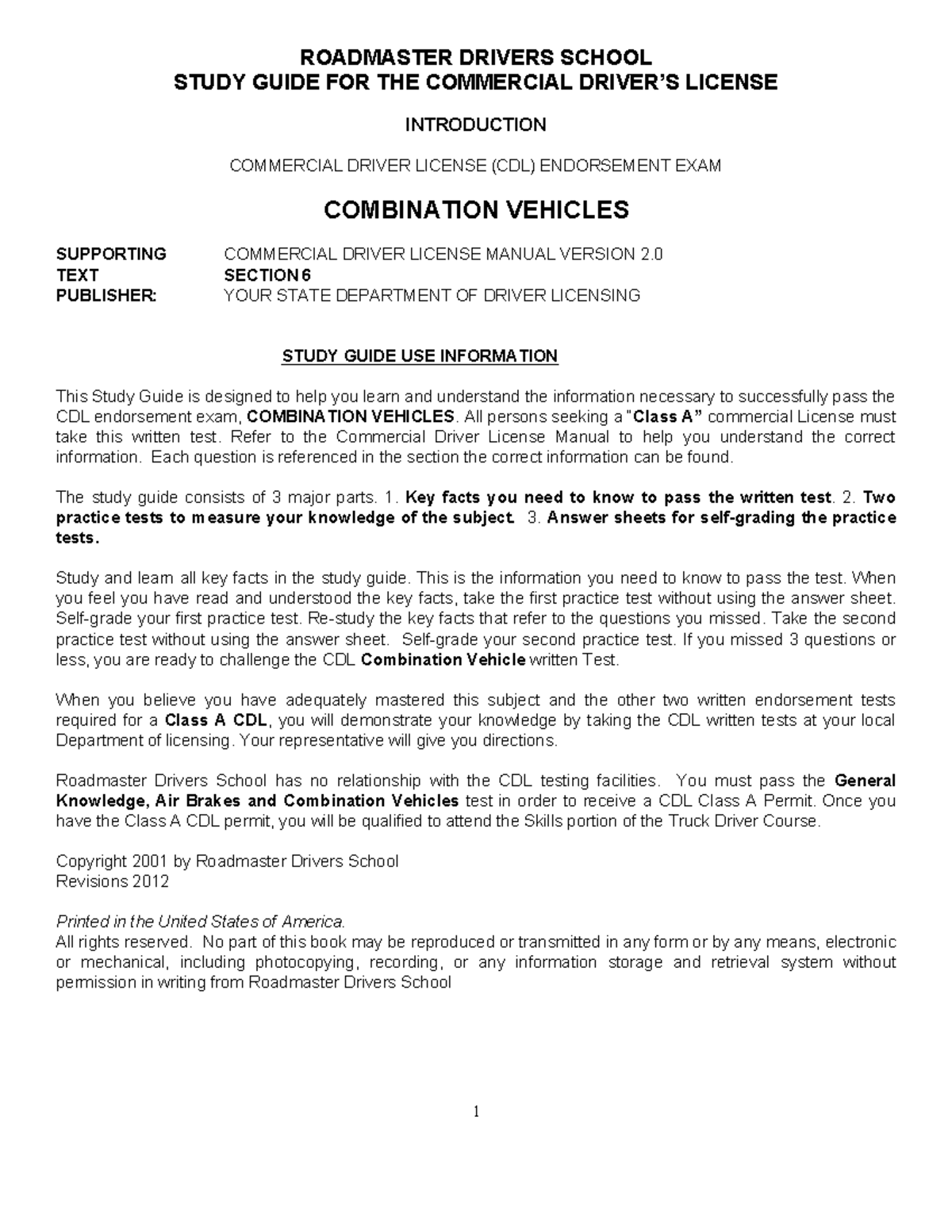 Studyguide-cv - Class A CDL - ROADMASTER DRIVERS SCHOOL STUDY GUIDE FOR ...