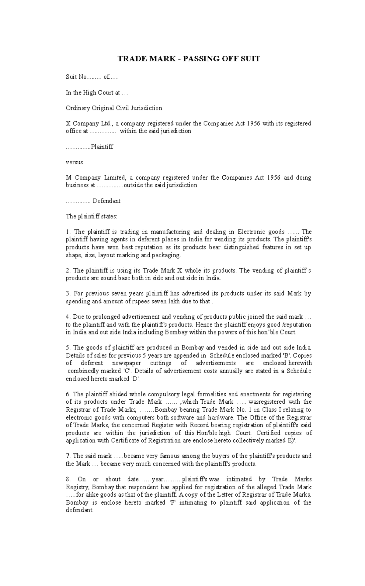 36 trade mark passig off suit - TRADE MARK - PASSING OFF SUIT Suit No ...