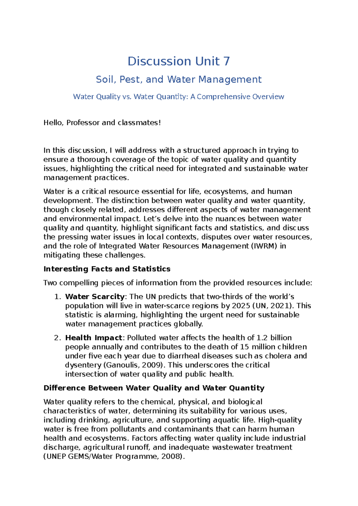 Da u7 - Discussion Unit 7 - Discussion Unit 7 Soil, Pest, and Water ...