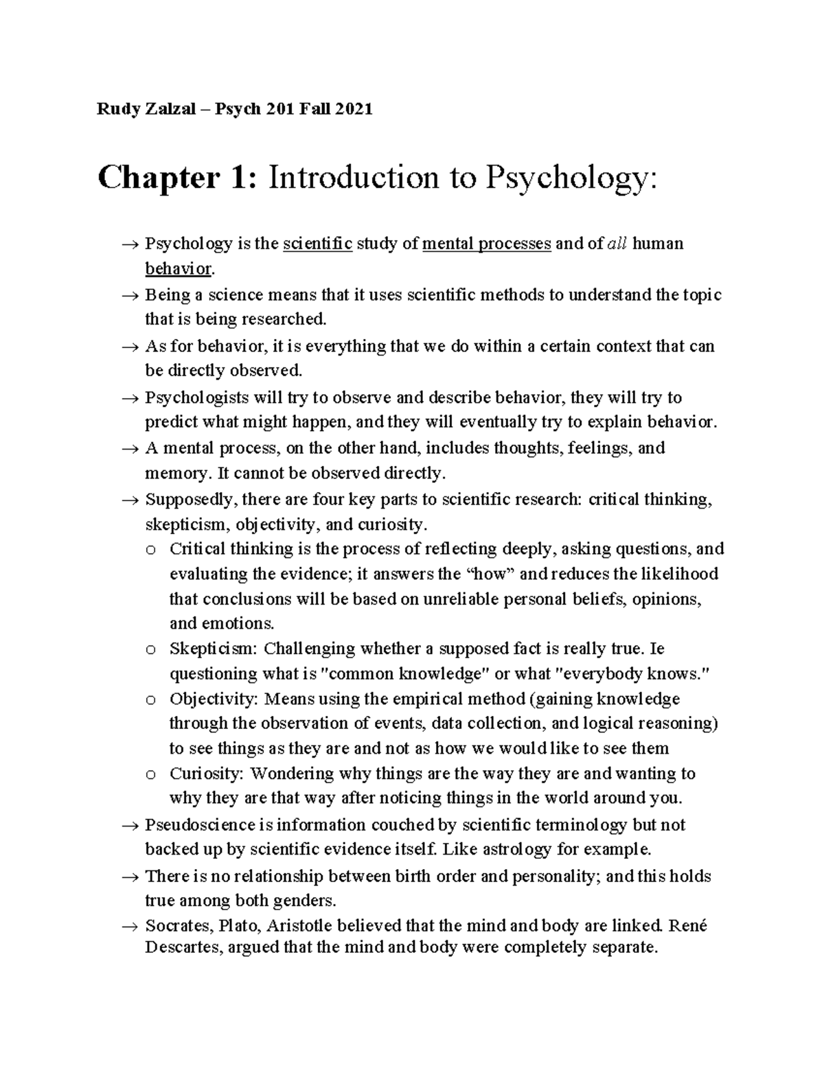 Psych 201 exam 1 summary - Rudy Zalzal 3 Psych 201 Fall 2021 Chapter 1 ...