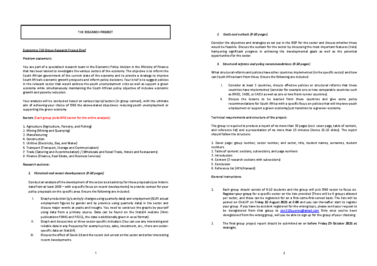2021 The Project Brief - 1 THE RESEARCH PROJECT Economics 320 Group ...