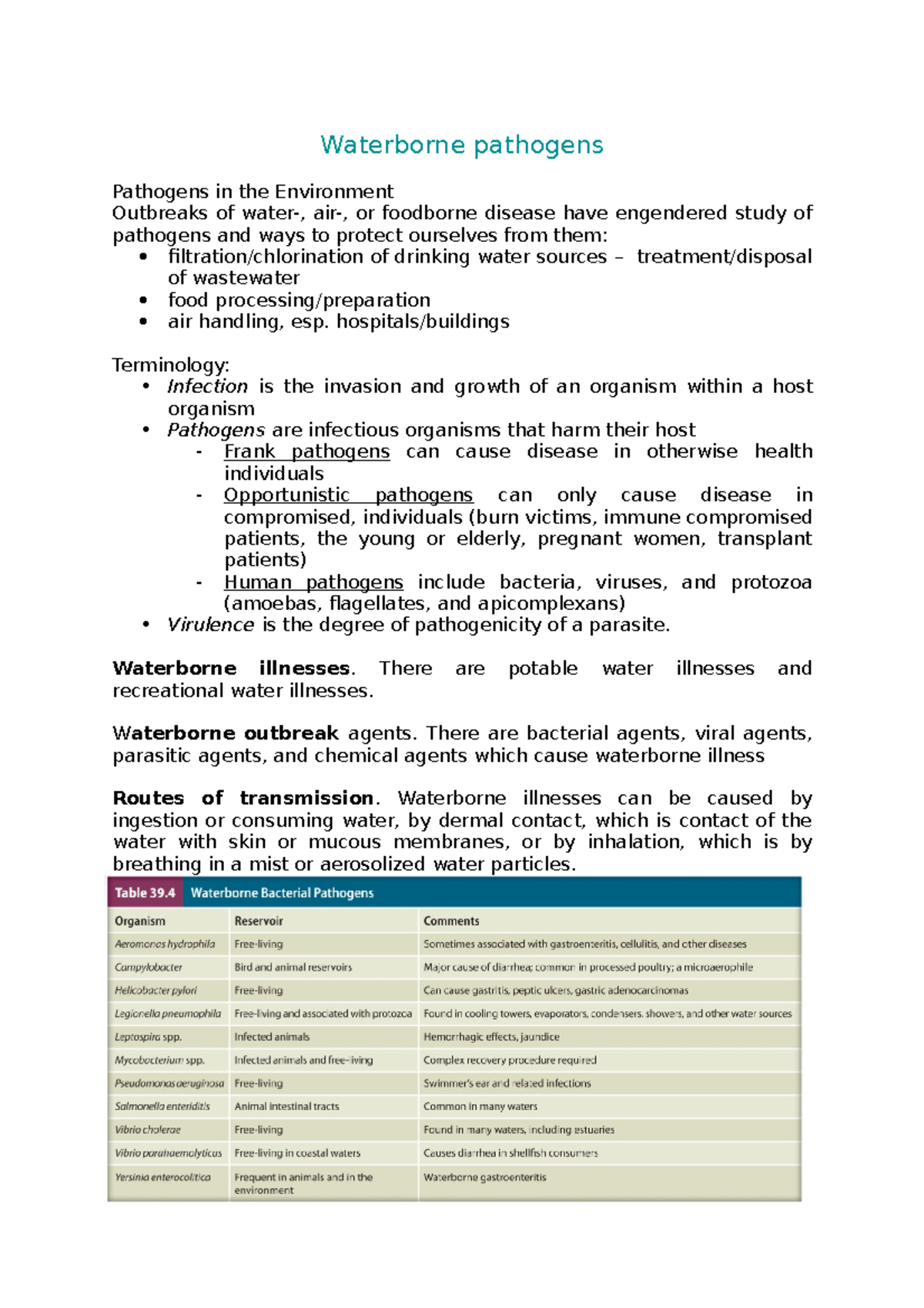 Week 15 Waterborne pathogens - Waterborne pathogens Pathogens in the ...