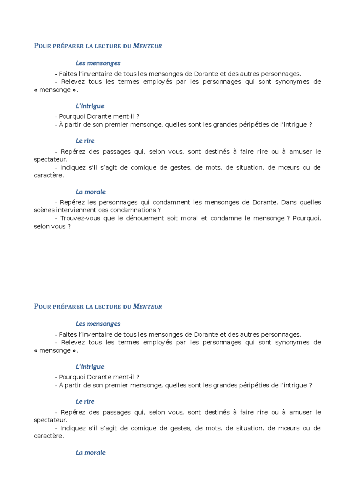 Pour préparer la lecture du Menteur - POUR PRÉPARER LA LECTURE DU ...