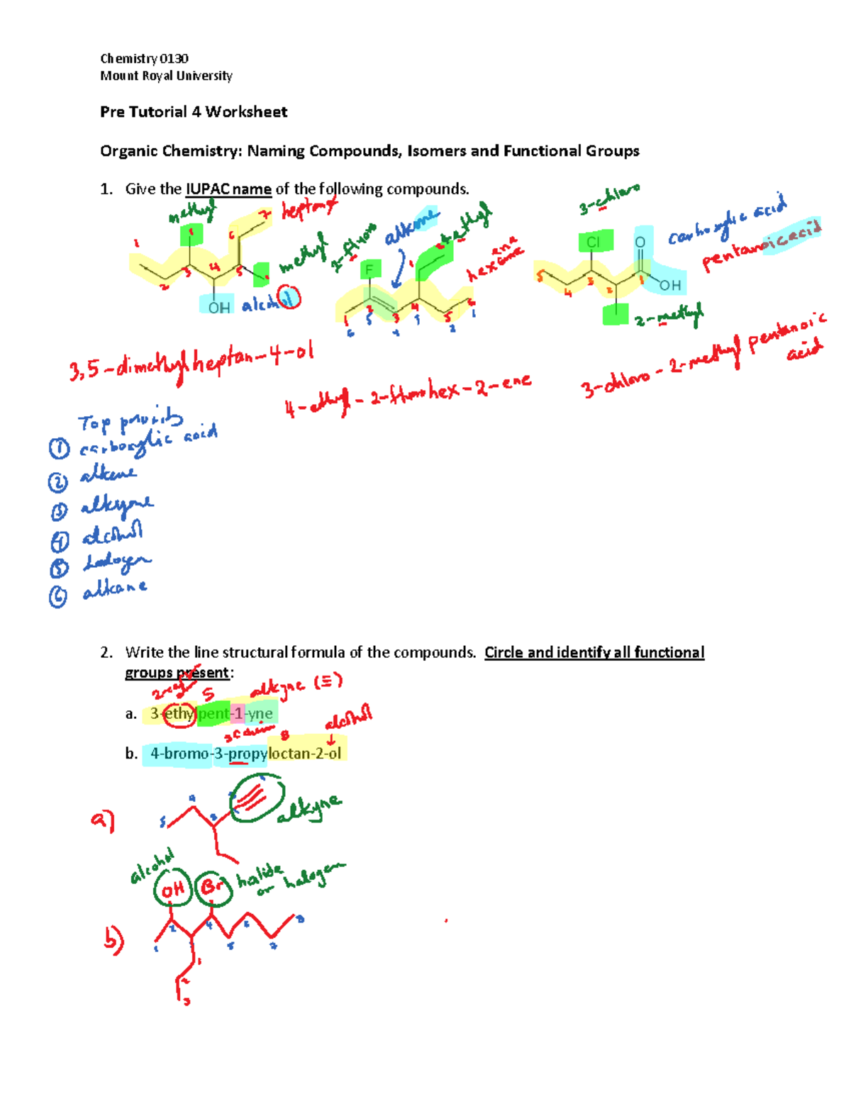 Pre-Tutorial 4 Worksheet Key - Chemistry 0130Mount Royal University Pre ...