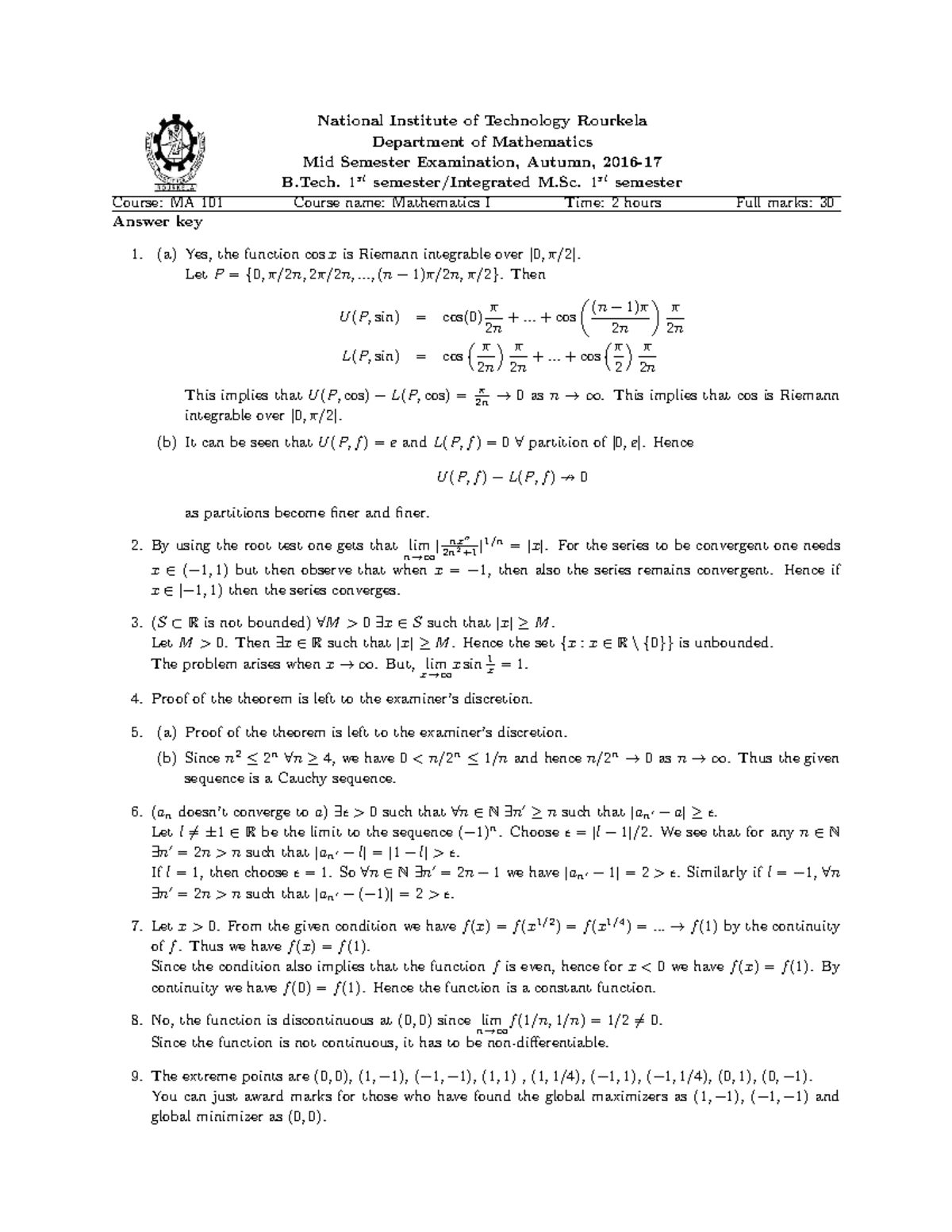 Answer key alt mid sem - National Institute of Technology Rourkela ...