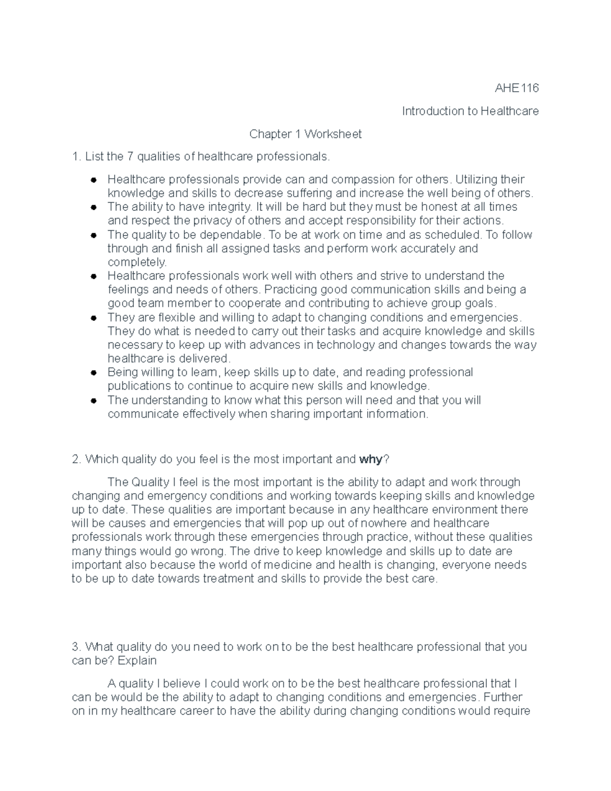 Chapter 1 Worksheet - AHE Introduction to Healthcare Chapter 1 ...