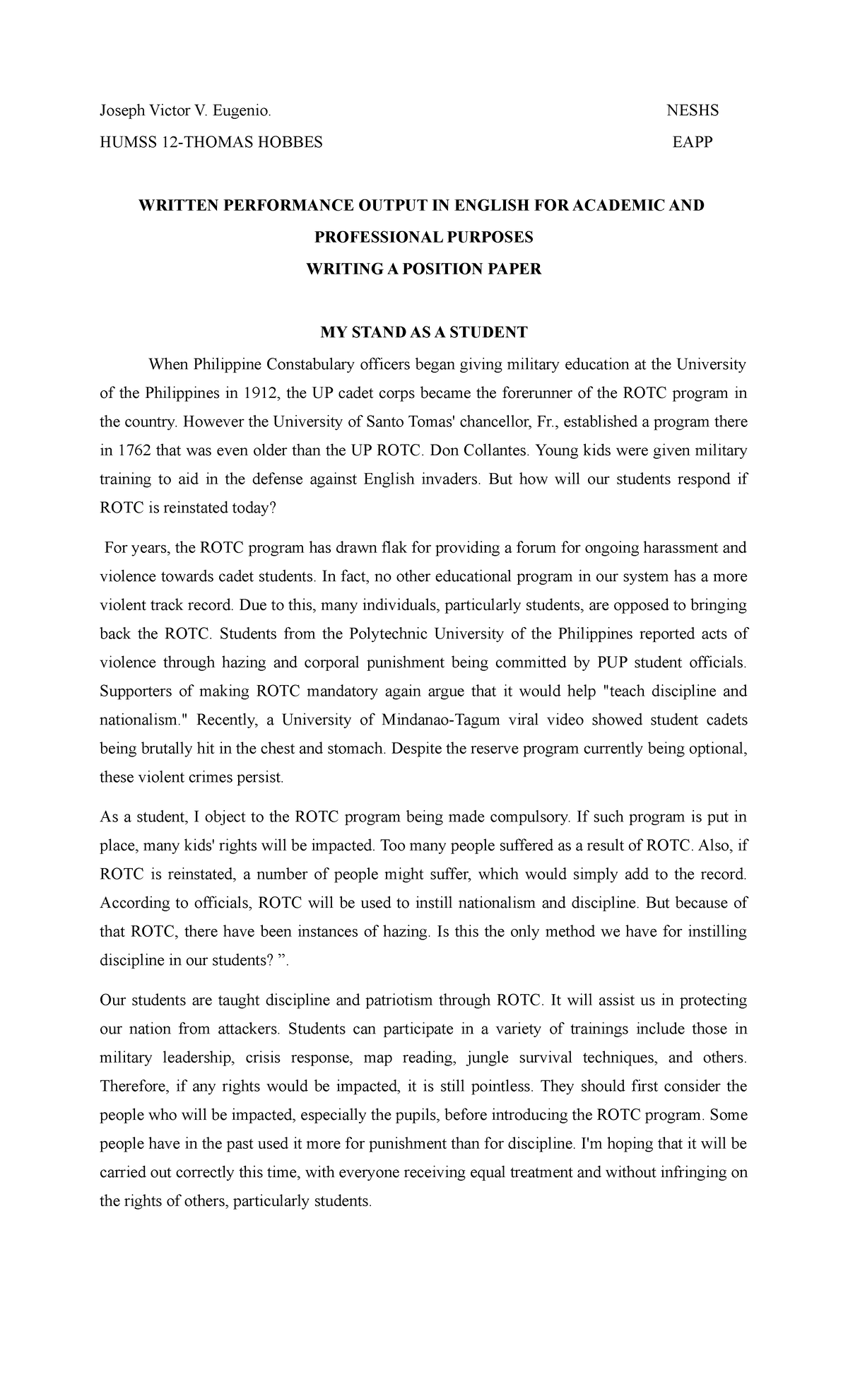 EAPP Position Paper - Joseph Victor V. Eugenio. NESHS HUMSS 12-THOMAS ...