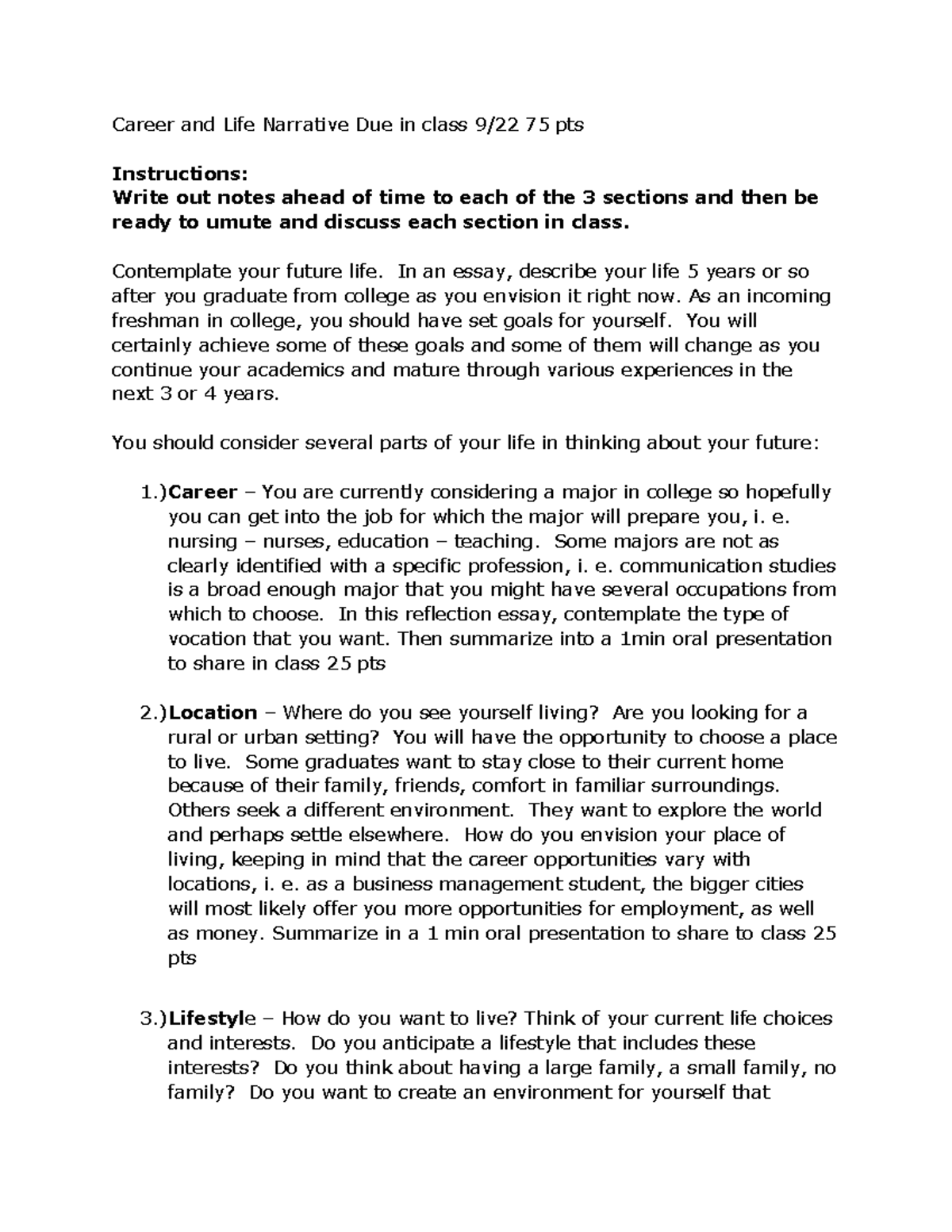 Career & Life Narrative - Career and Life Narrative Due in class 9/22 ...