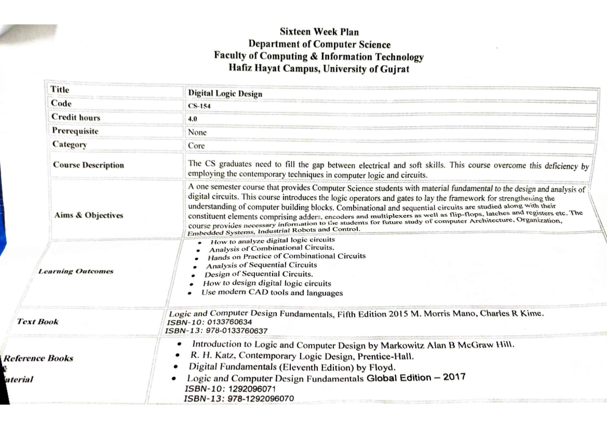 DIGITAL LOGIC AND DESIGN CS-154 COURSE OUTLINE UNIVERSITY OF GUJRAT - Sixteen Week Plan ...