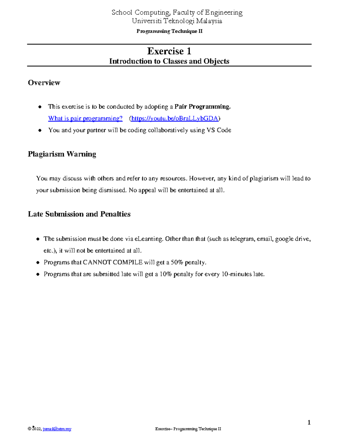 Question Execercise 1, 1 /20222023 - 1 Programming Technique II Exercise 1 Introduction to ...