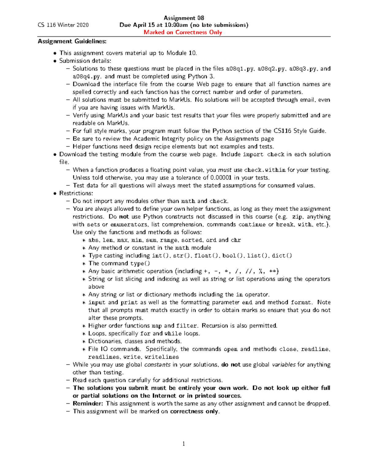 A08 - CS 116 Winter 2020 Due April 15 at 10:00am (no late submissions ...
