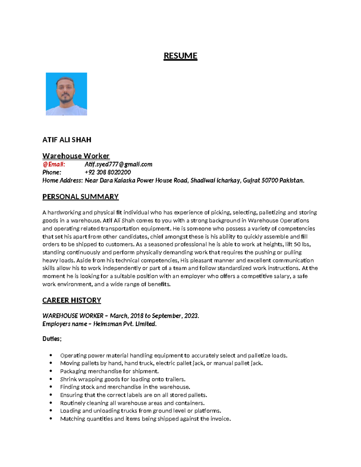 SYED Shujat ALI Electrician - RESUME ATIF ALI SHAH Warehouse Worker ...