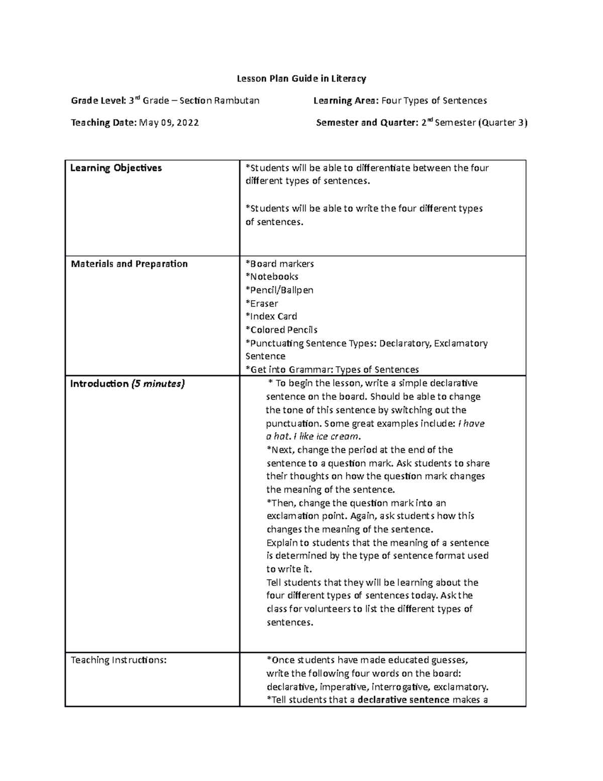 Lesson Plan Guide in Literacy - *Students will be able to write the ...