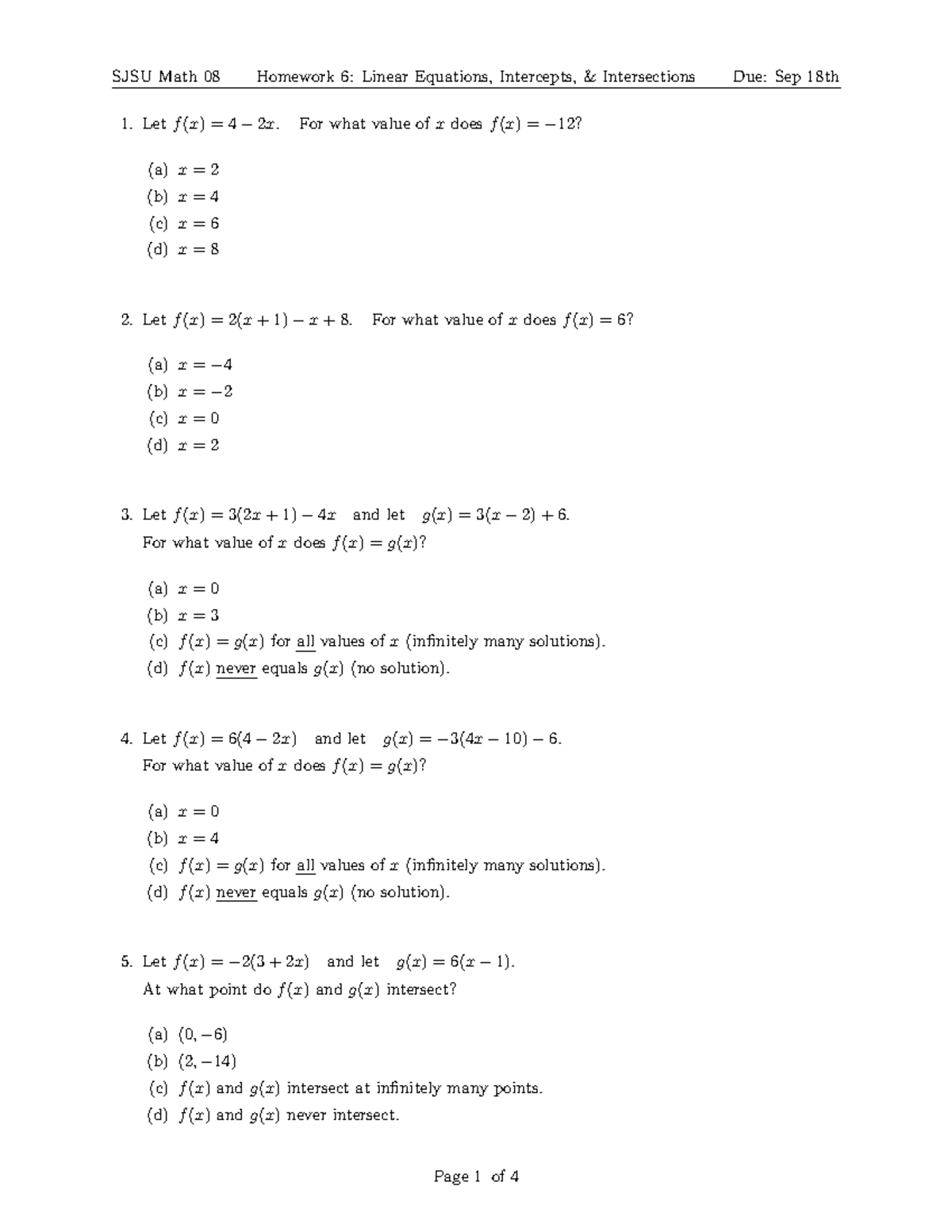 Hw 6 Intercepts & Linear Equations - SJSU Math 08 Homework 6: Linear ...