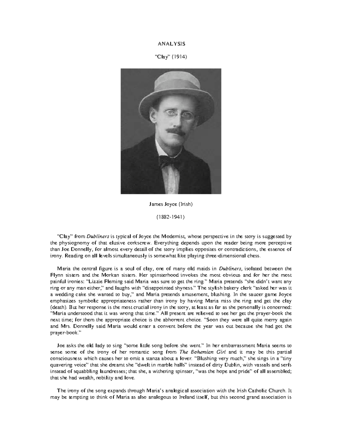 Clay analysis - ANALYSIS “Clay” (1914) James Joyce (Irish) (1882-1941 ...