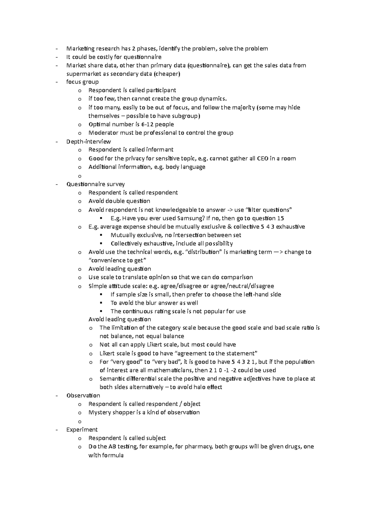 Chapter 4 Market Research In-class Notes - Marketing research has 2 ...