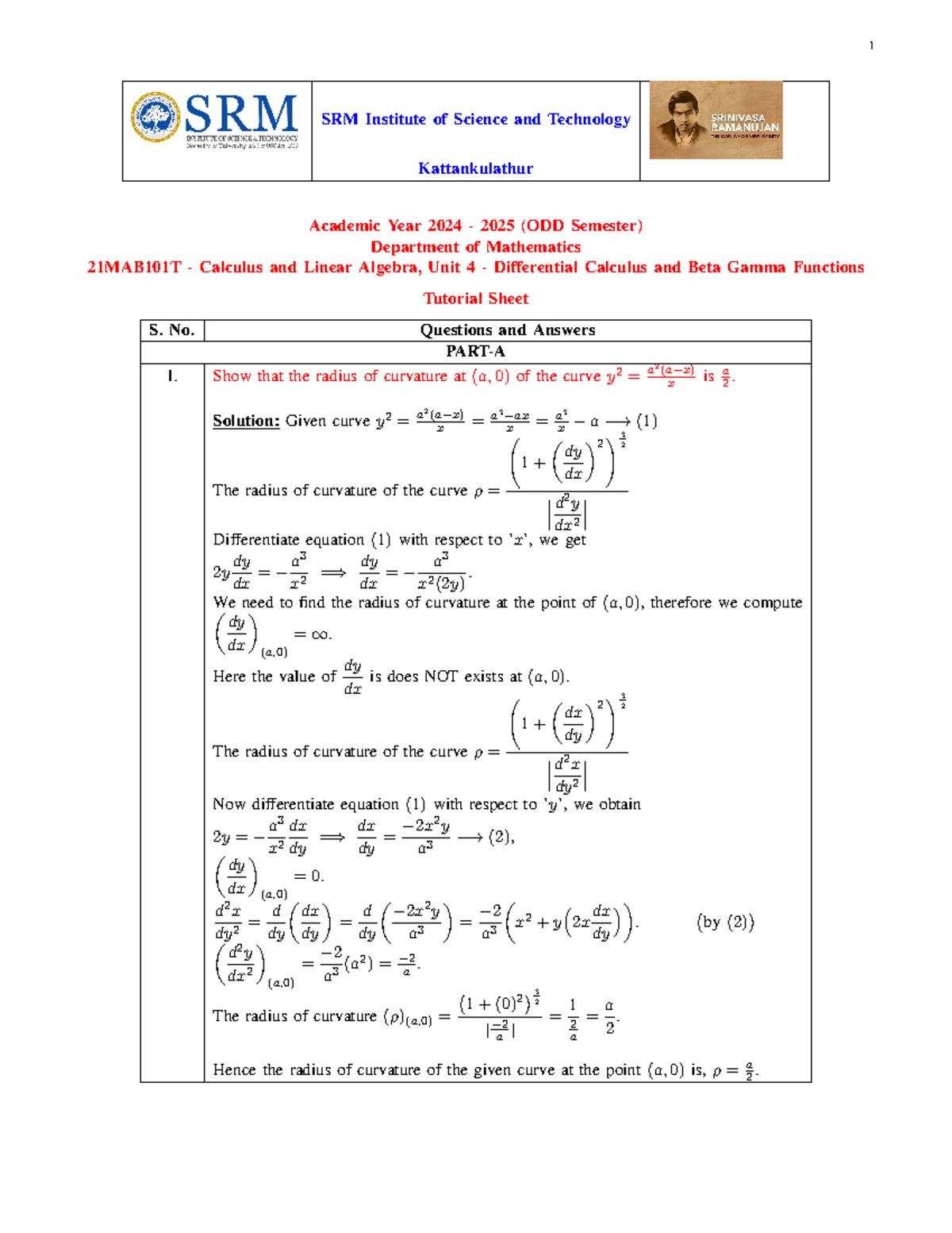 Solution of Unit IV Tutorial Sheet - SRM Institute of Science and Technology Kattankulathur ...