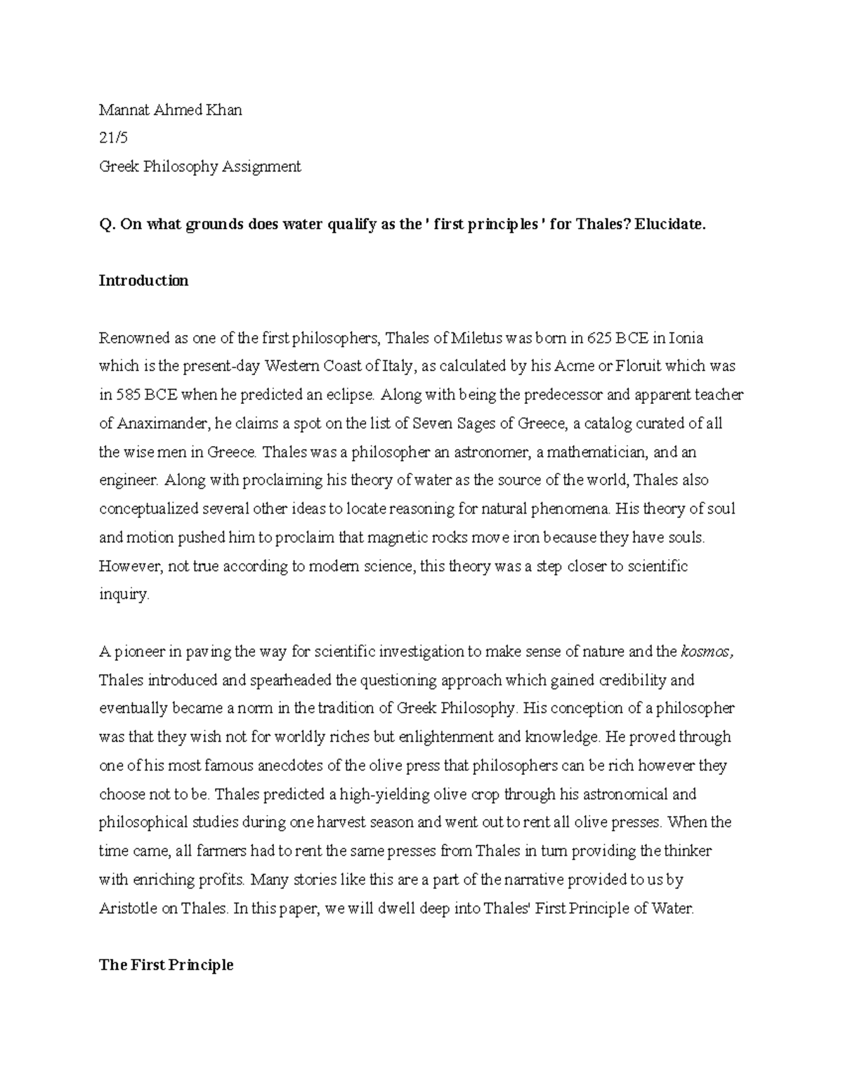 Thales' first principle - Mannat Ahmed Khan 21/ Greek Philosophy ...