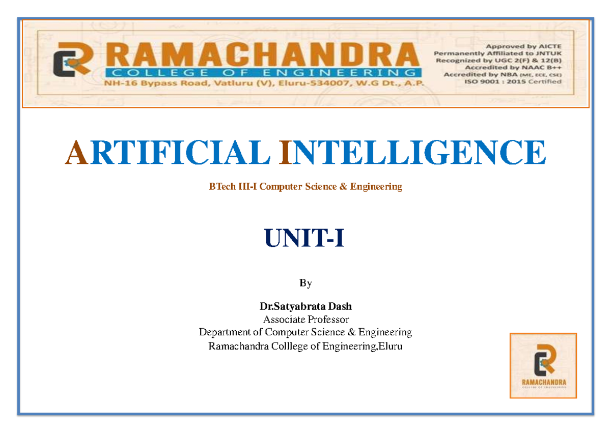 AI UNIT 1 1 - good - ARTIFICIAL INTELLIGENCE BTech III-I Computer ...