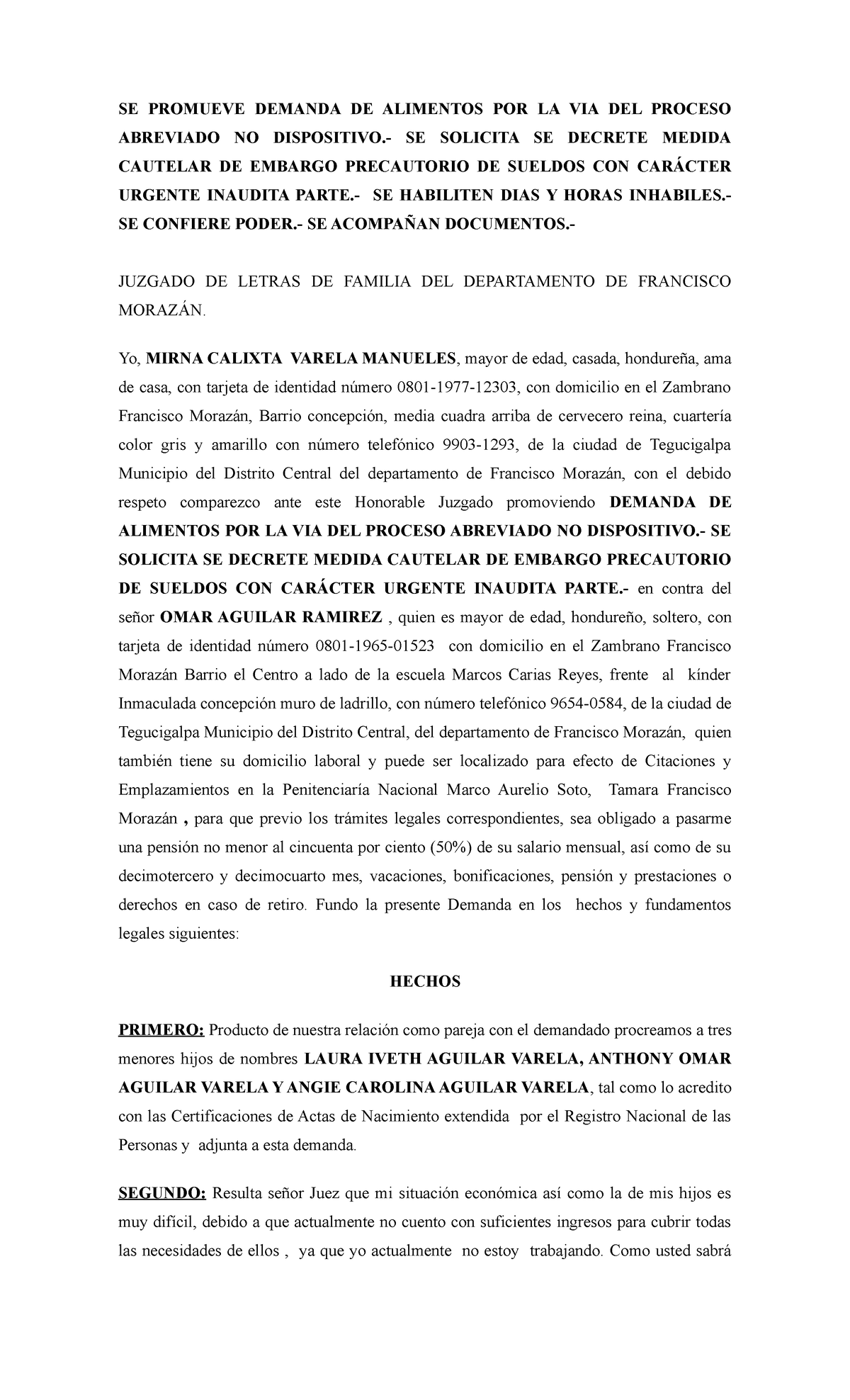 Demanda DE Alimentos POR Inaudita Parte ANA Andrade - SE PROMUEVE ...