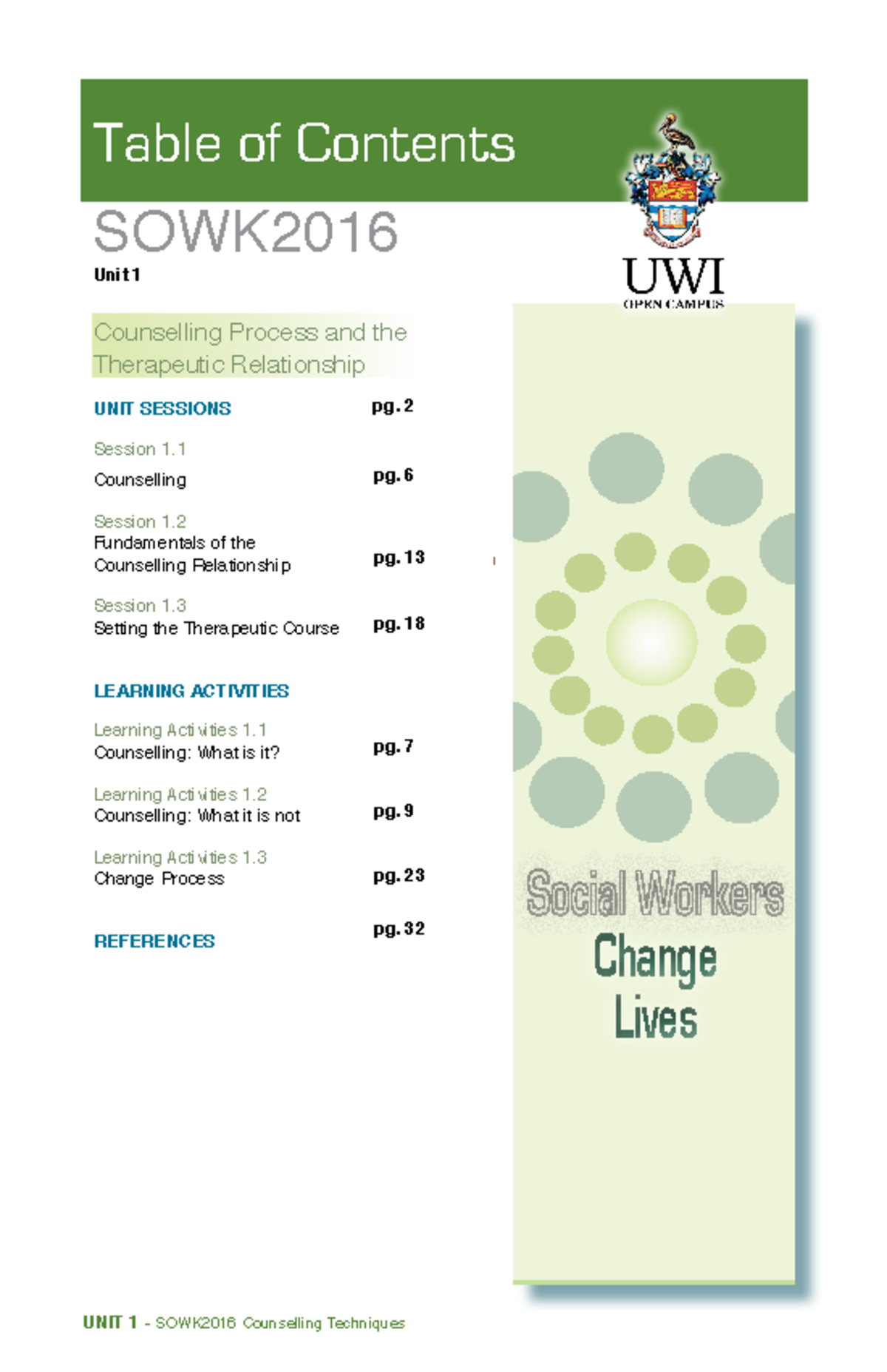 SOWK2016 unit1 Counselling Techniques - Change Lives Table of Contents ...