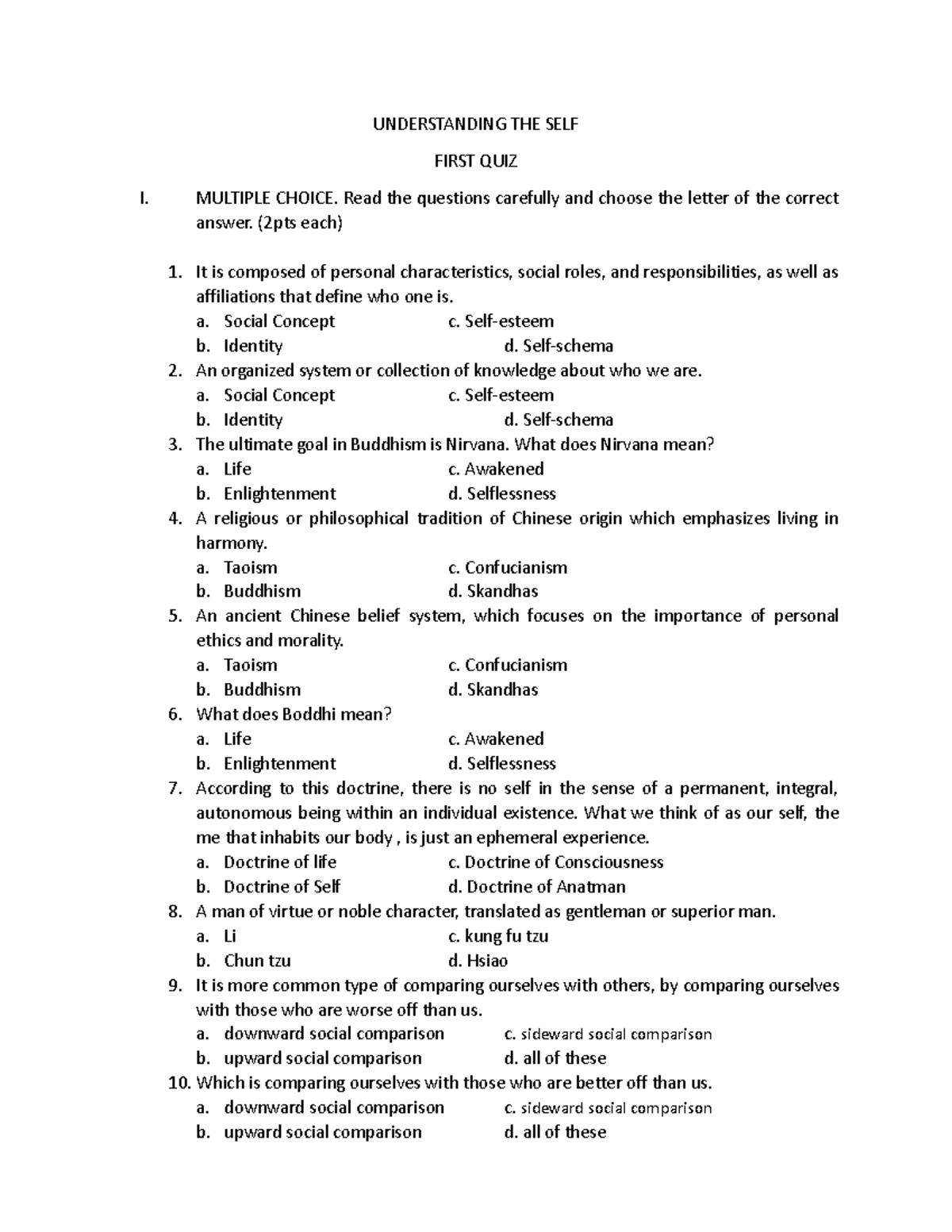 Uts 1st quiz - chapter test - UNDERSTANDING THE SELF FIRST QUIZ I ...