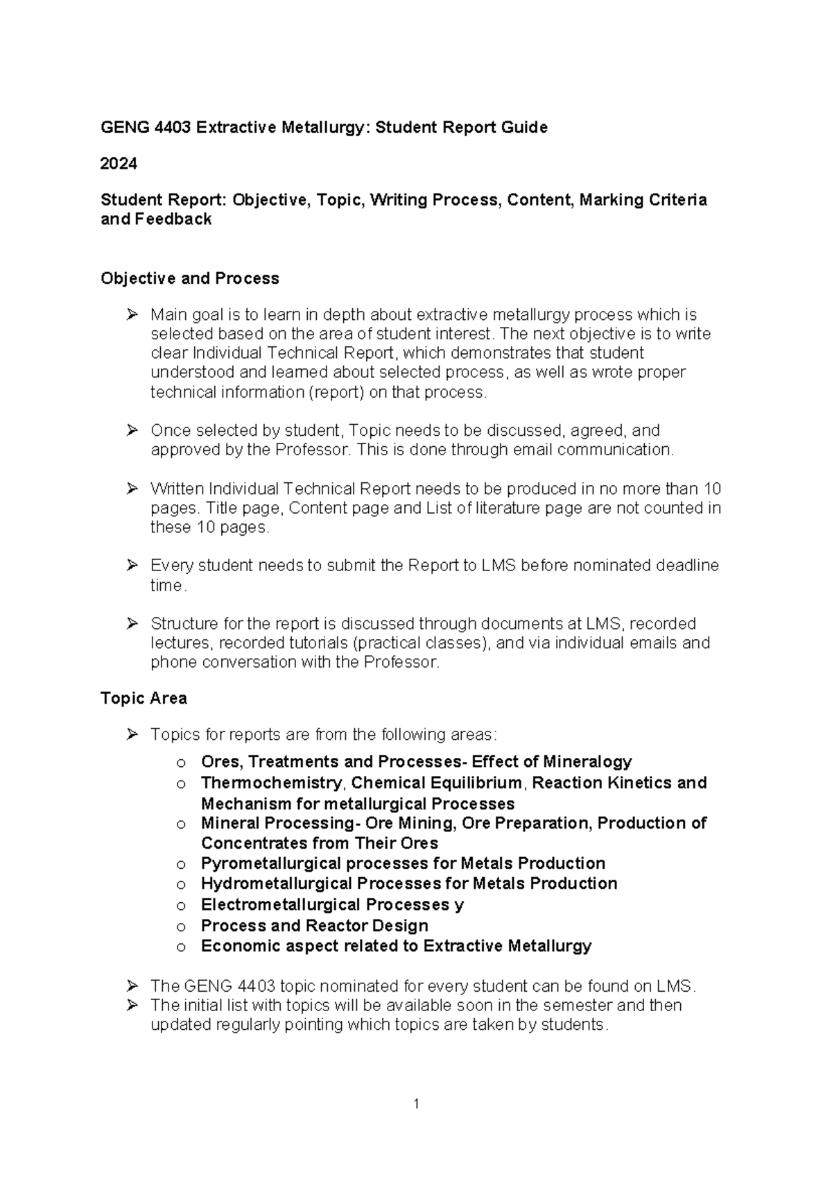 2024 Student Reports Guide GENG 4403 - GENG 4403 Extractive Metallurgy ...