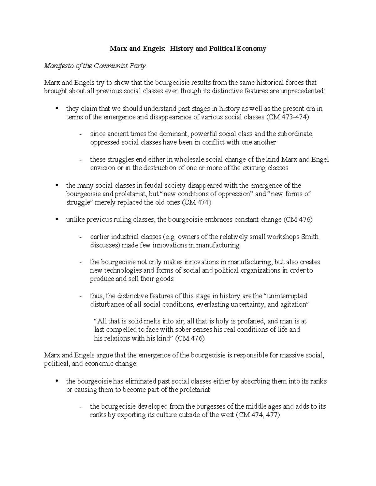 Marx - Notes summary - Marx and Engels: History and Political Economy ...