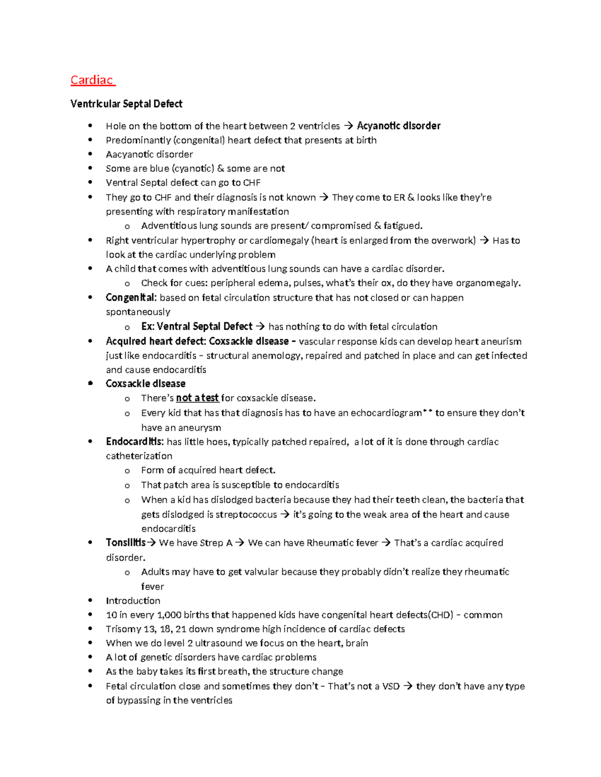 Cardiac notess - Summary Clinical Management of Pediatrics - Cardiac ...