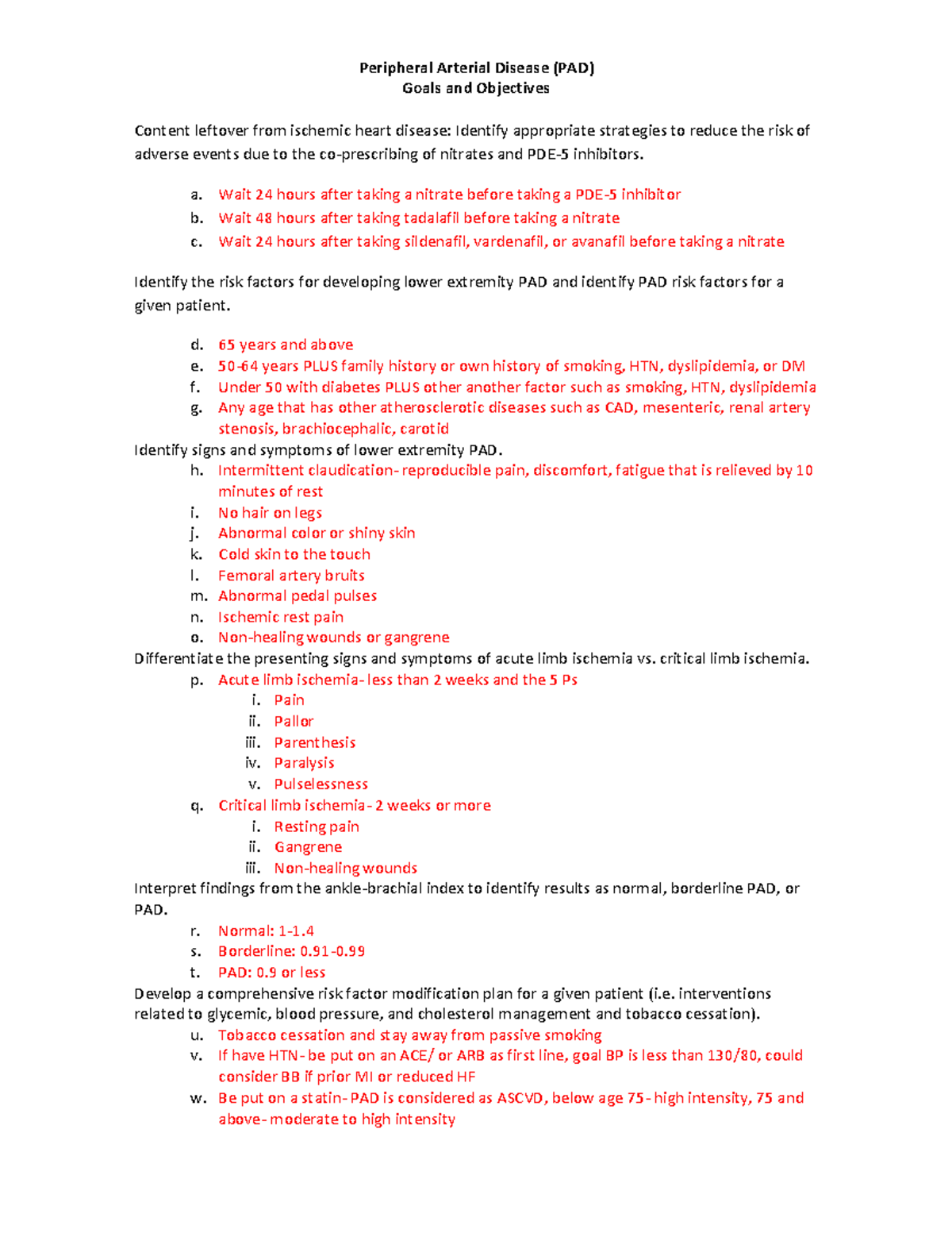 PAD - PAD notes - Peripheral Arterial Disease (PAD) Goals and ...