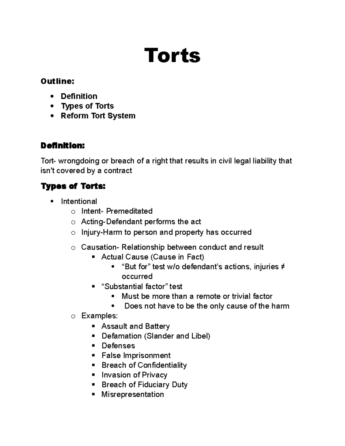 Torts - Notes for Professor Rich at GaSouthern - Torts Outline ...