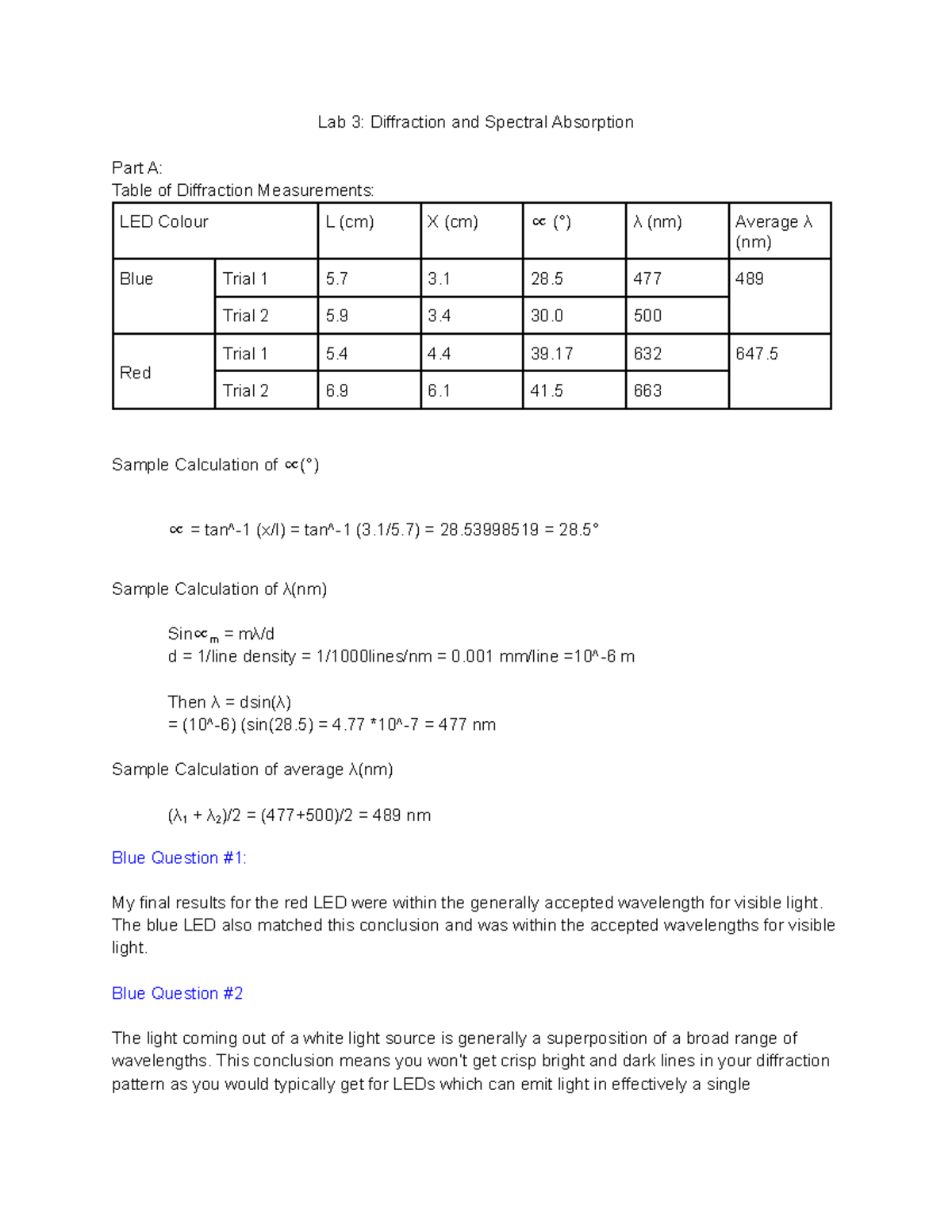 Physics 1070 Lab #3 - Lab 3: Diffraction and Spectral Absorption Part A ...