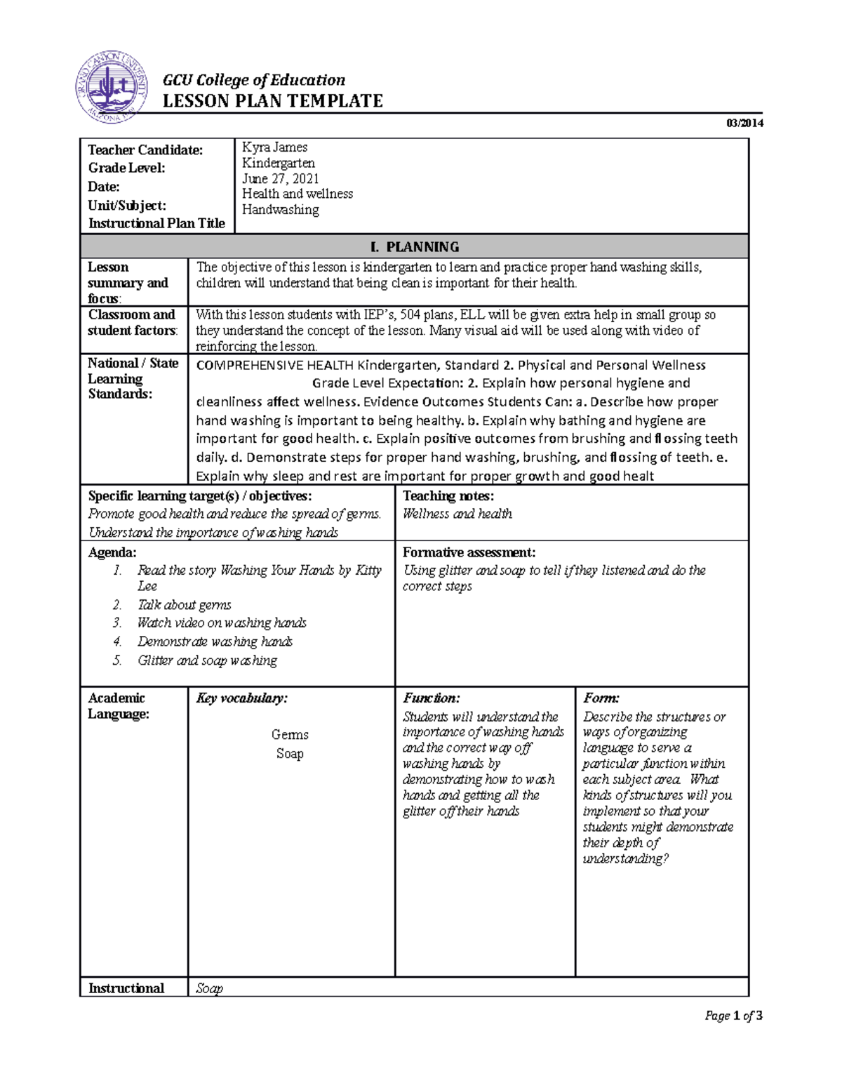 Wellness lesson plan - GCU College of Education LESSON PLAN TEMPLATE 03 ...