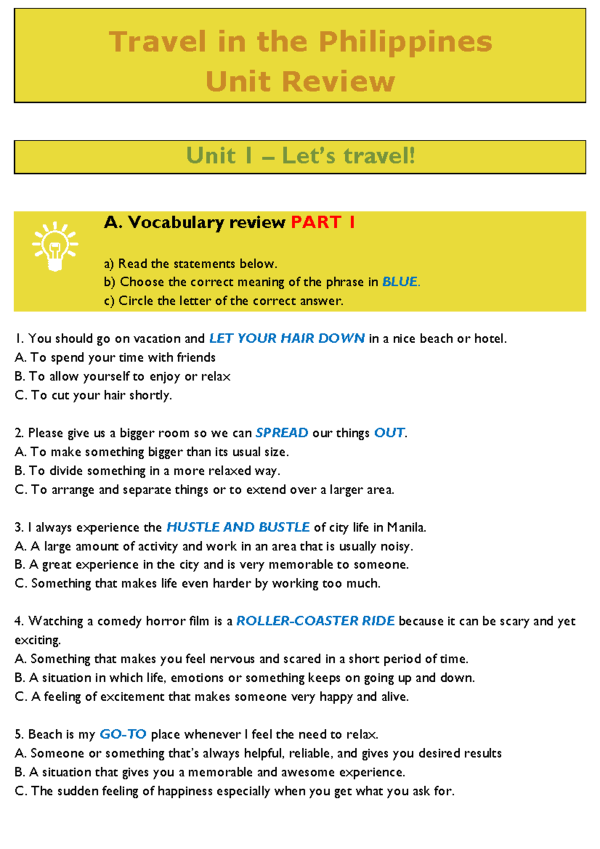Travel in the Philippines Unit Review - Unit 1 – Let’s travel! A ...
