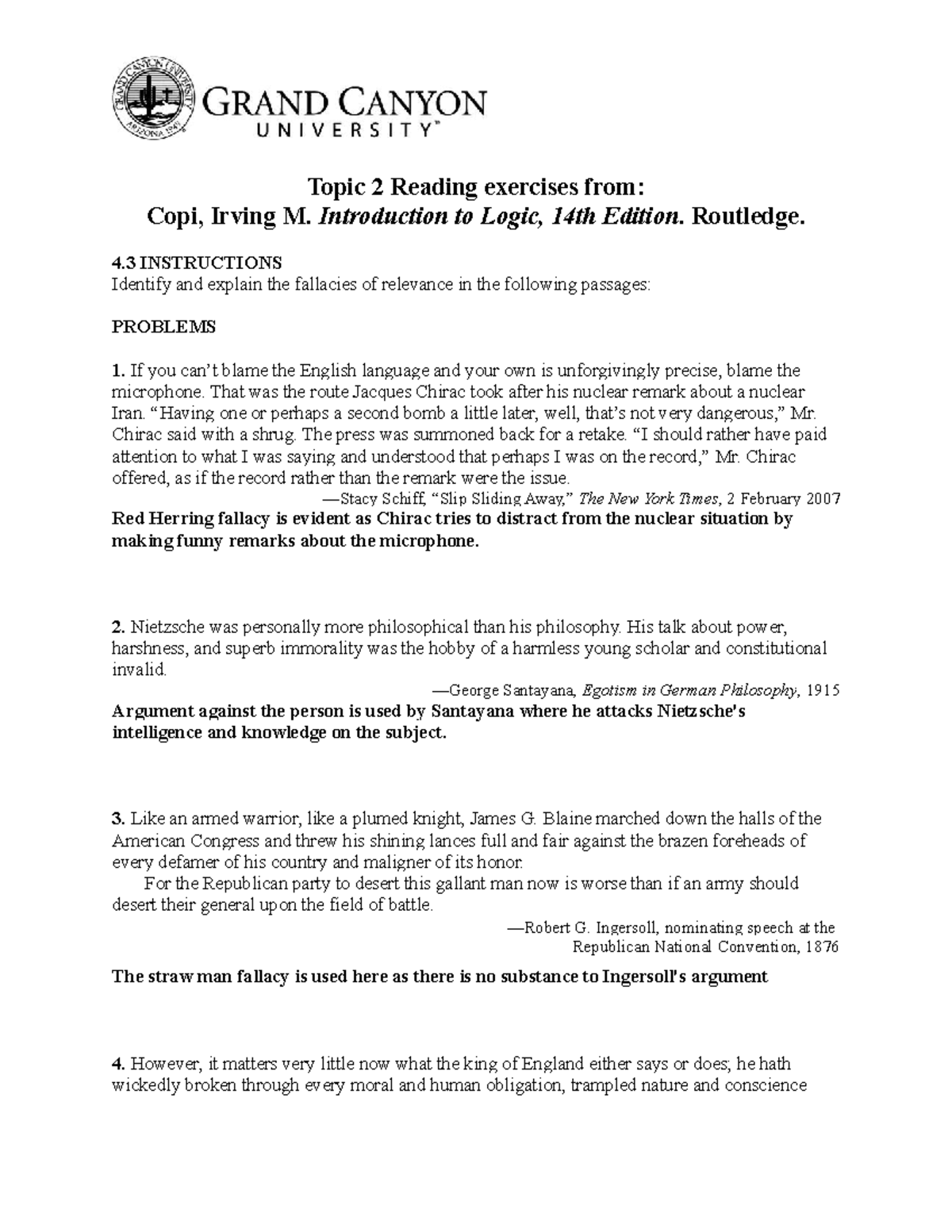 COM-362 T2 - reading assignments - Topic 2 Reading exercises from: Copi, Irving M. Introduction ...