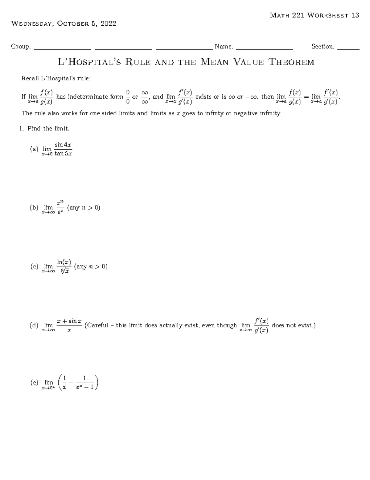 WS13 100522 - L'Hopitals Rule and Mean Value Theorem - Wednesday ...