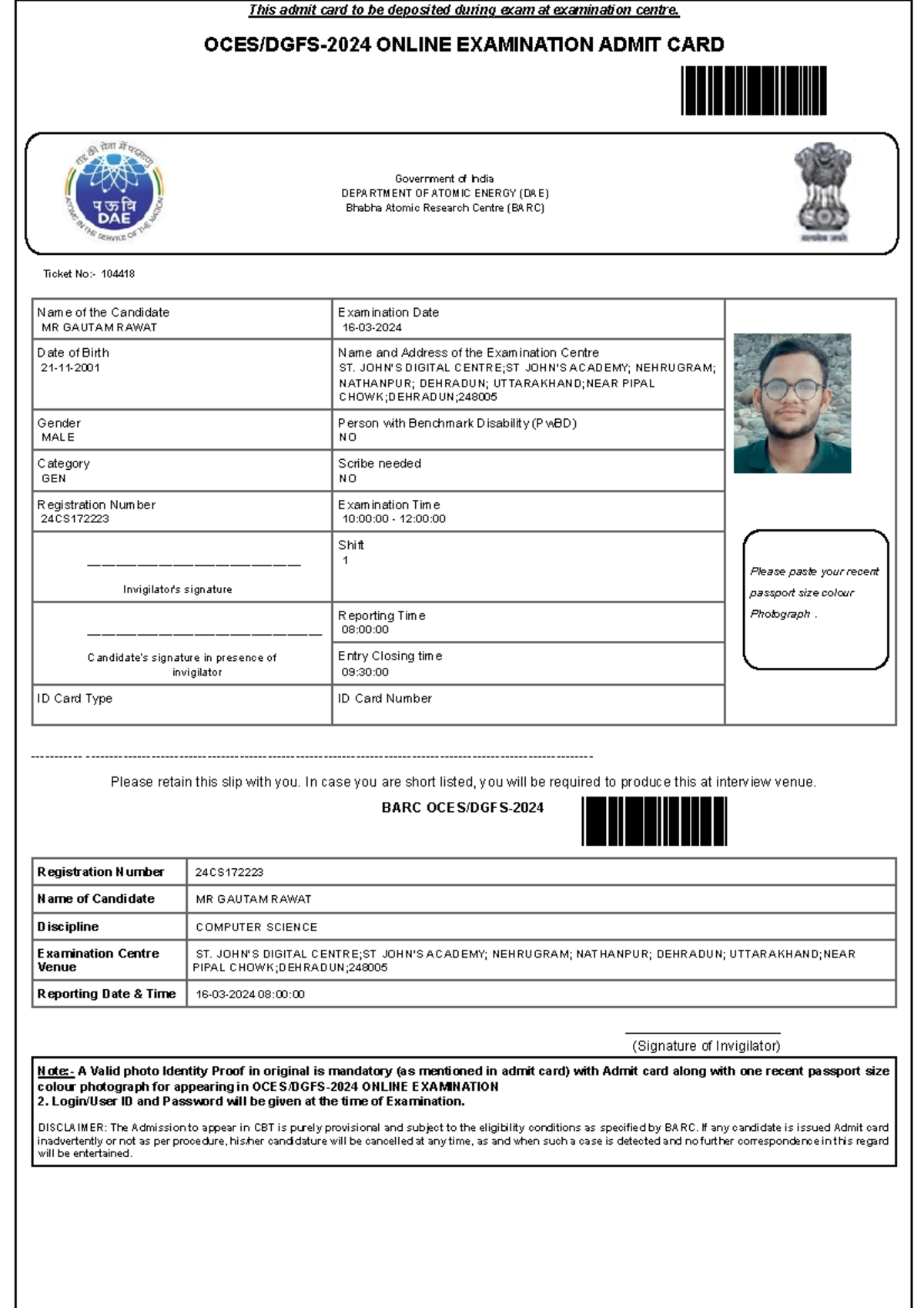 OCES DGFS-2024 - homework - This admit card to be deposited during exam ...