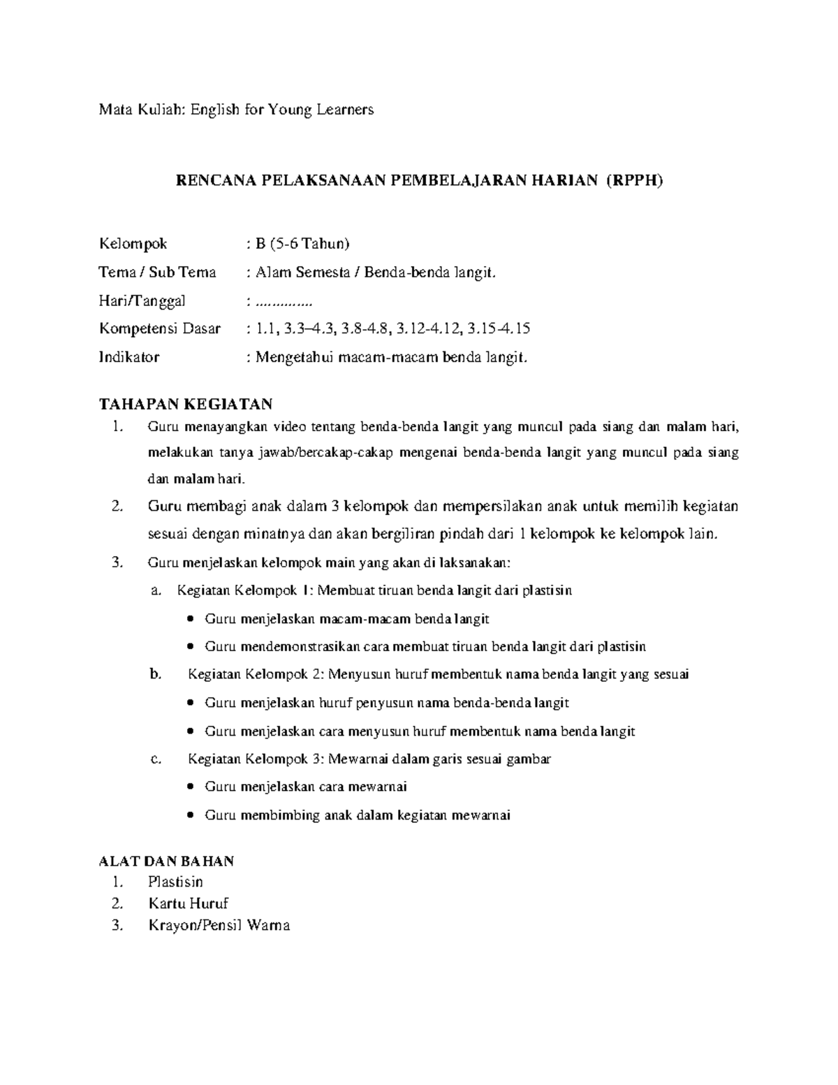 RPPH EFYL - Angkasa - RPPH English For Young Learners - Mata Kuliah: English for Young Learners ...