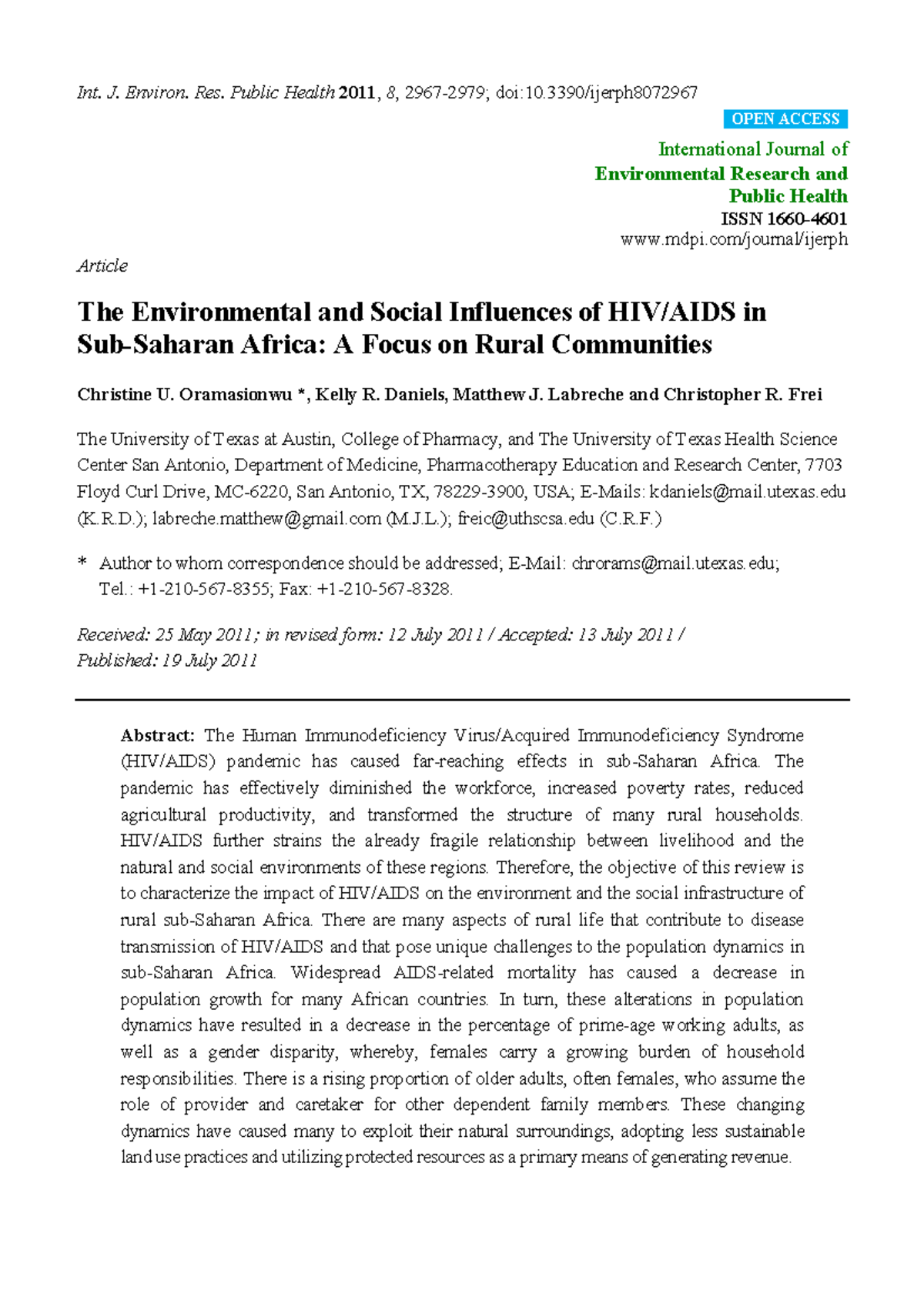 Oramasionwu et al. 2011 HIV AND AIDS - Int. J. Environ. Res. Public ...