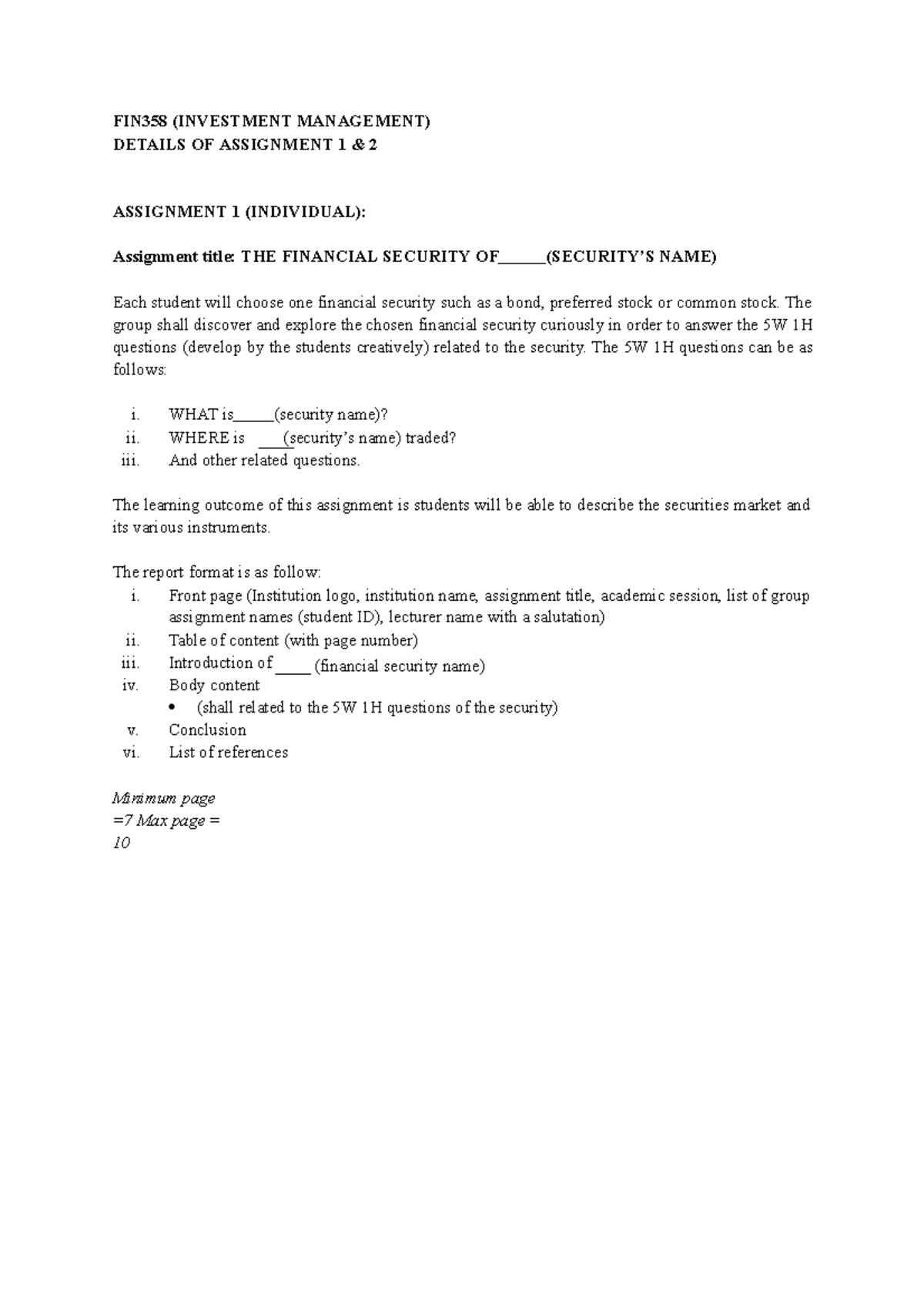 Assessment FIN358 - guideline fin 358 - FIN358 (INVESTMENT MANAGEMENT ...