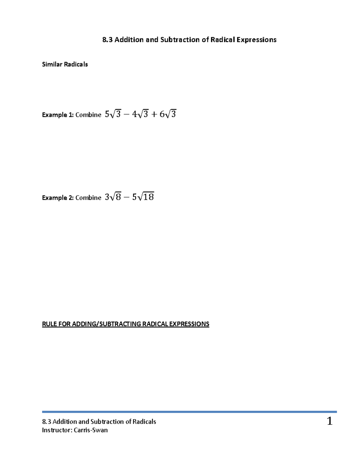 (4) 8.3 Addition and Subtraction of Radical Expressions - 8 Addition ...