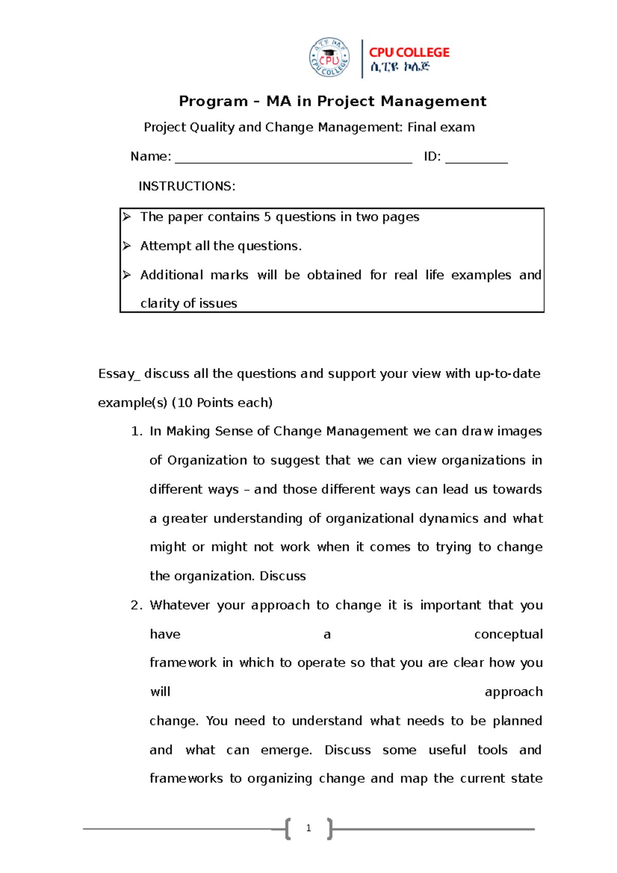 Project quality and change mgt Q - Program – MA in Project Management Project Quality and Change ...