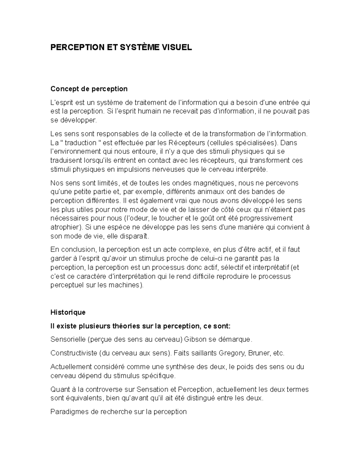 Perception et système visuel - PERCEPTION ET SYSTÈME VISUEL Concept de ...