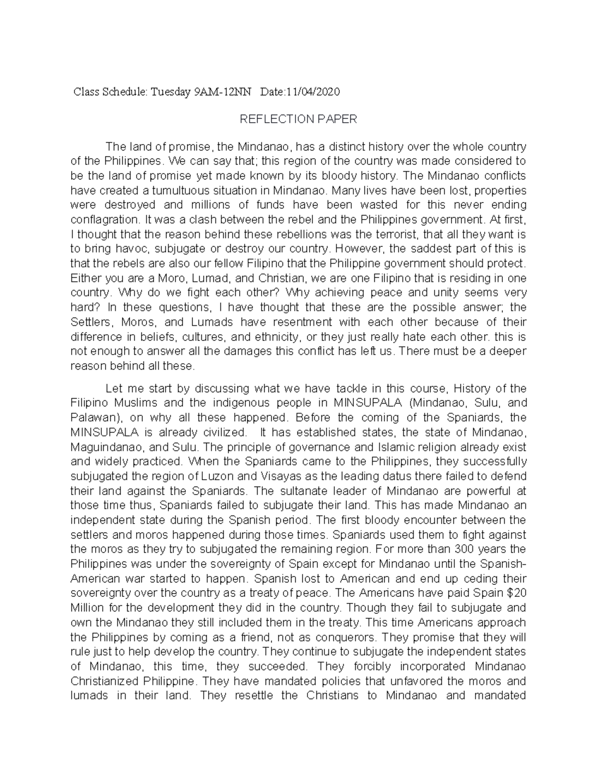 Reflection Paper. Minsudocx - Class Schedule: Tuesday 9AM-12NN Date:1 1 ...