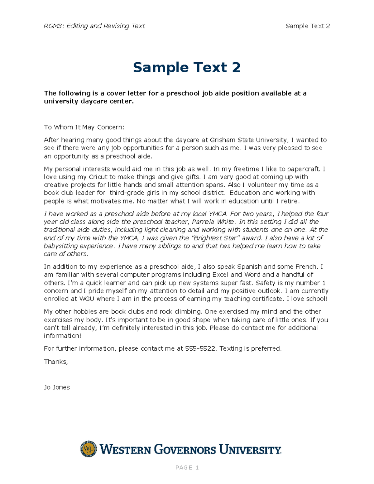 D269-Task 3 - Follow rubric - RGM3: Editing and Revising Text Sample Text 2 Sample Text 2 The ...
