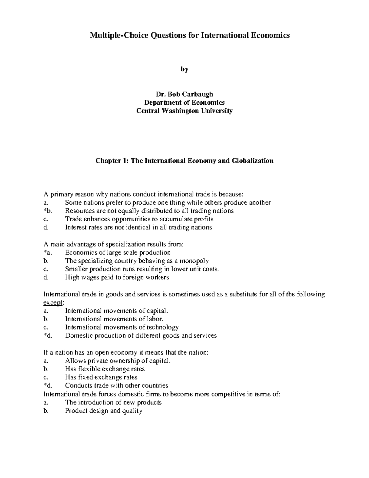International economics multiple choice questions - Multiple-Choice ...