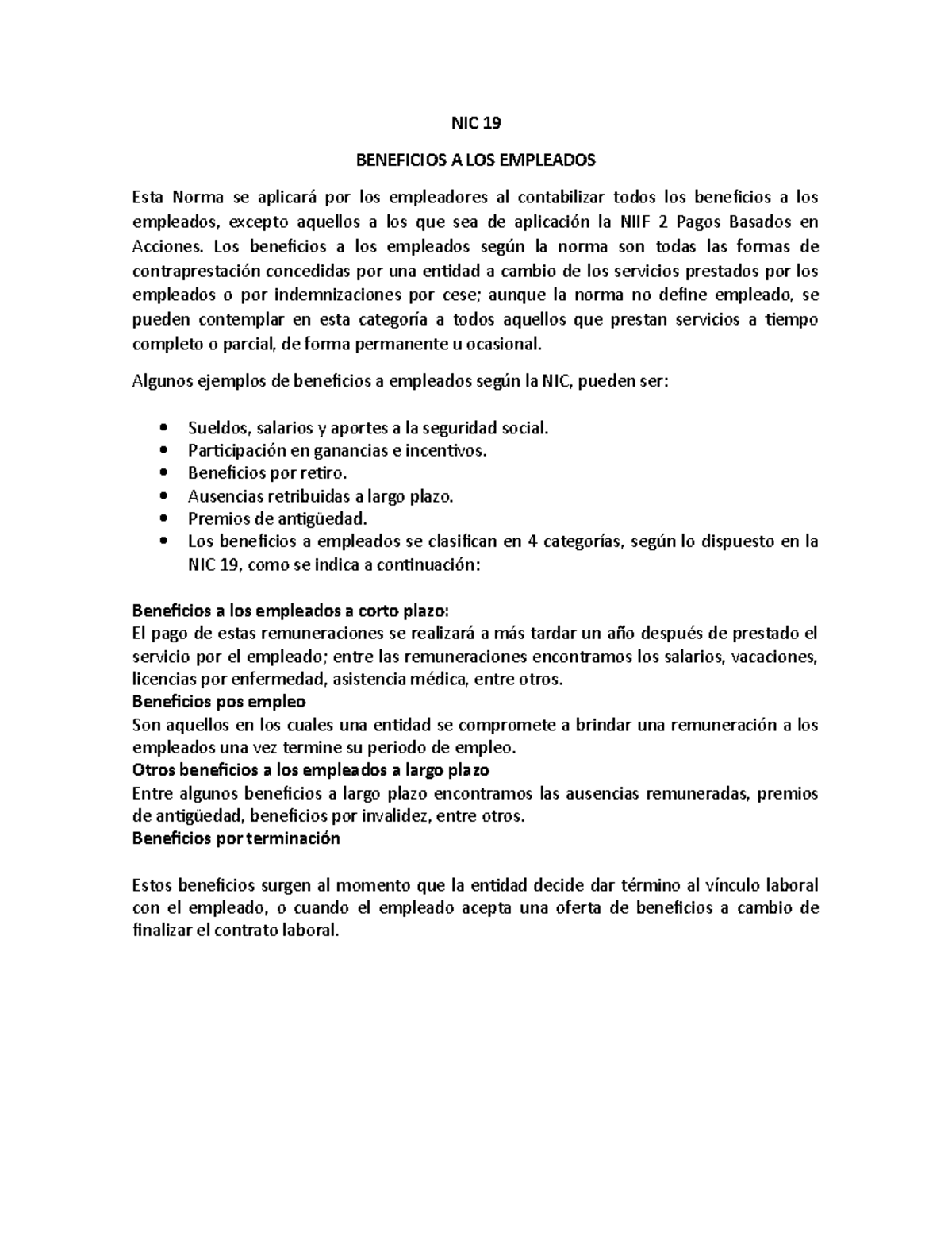 NIC 19 Resumen - NIC 19 BENEFICIOS A LOS EMPLEADOS Esta Norma se ...